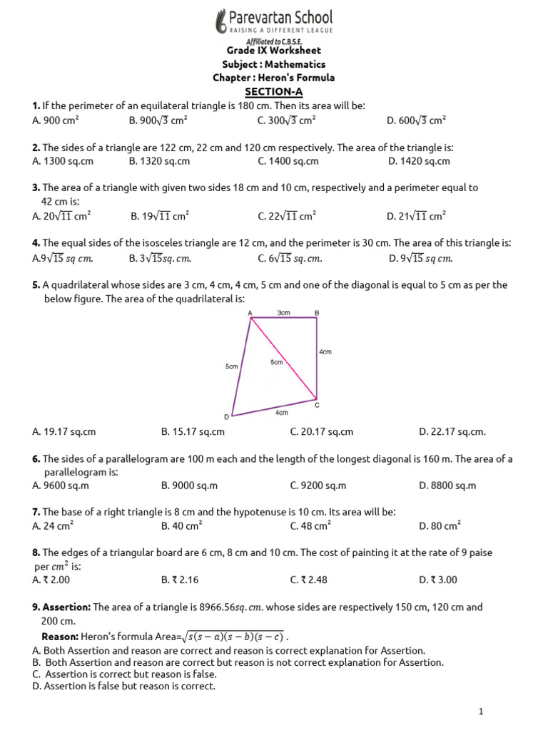 Grade IX CH-10 Worksheet | PDF | Area | Triangle