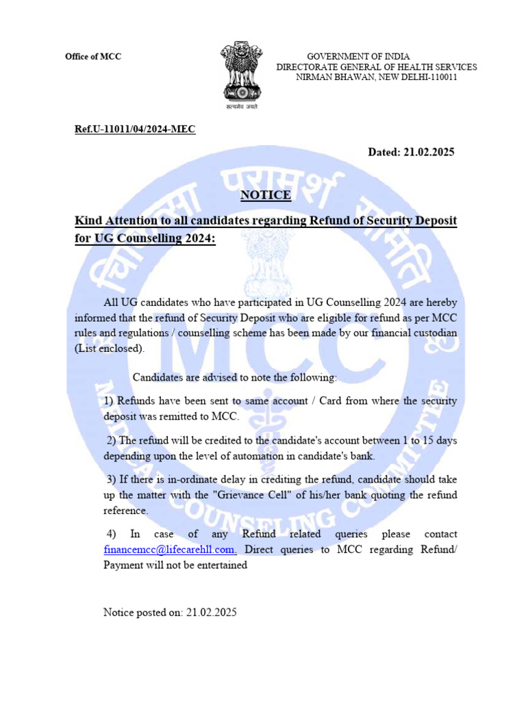 MCC Security Deposit Refunds 2024 | PDF | Payments