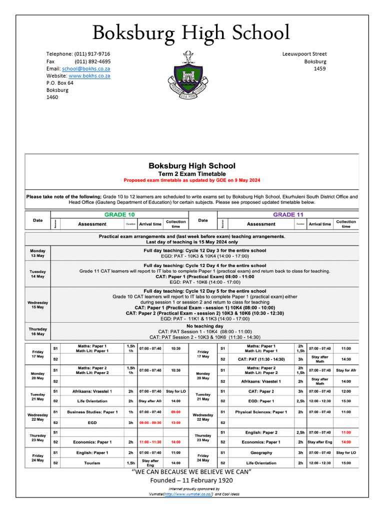Grade 10 and 11 June Examination Timetable - 2024 UPDATED 9 MAY 2024 | PDF