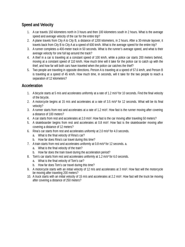 Practice Set 3 - Speed Velocity and Acceleration | PDF | Speed ...
