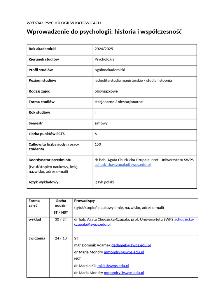 Wprowadzenie+do+psychologii +historia+i+wspã Å Czesnoå Ä 2024 2025 | PDF