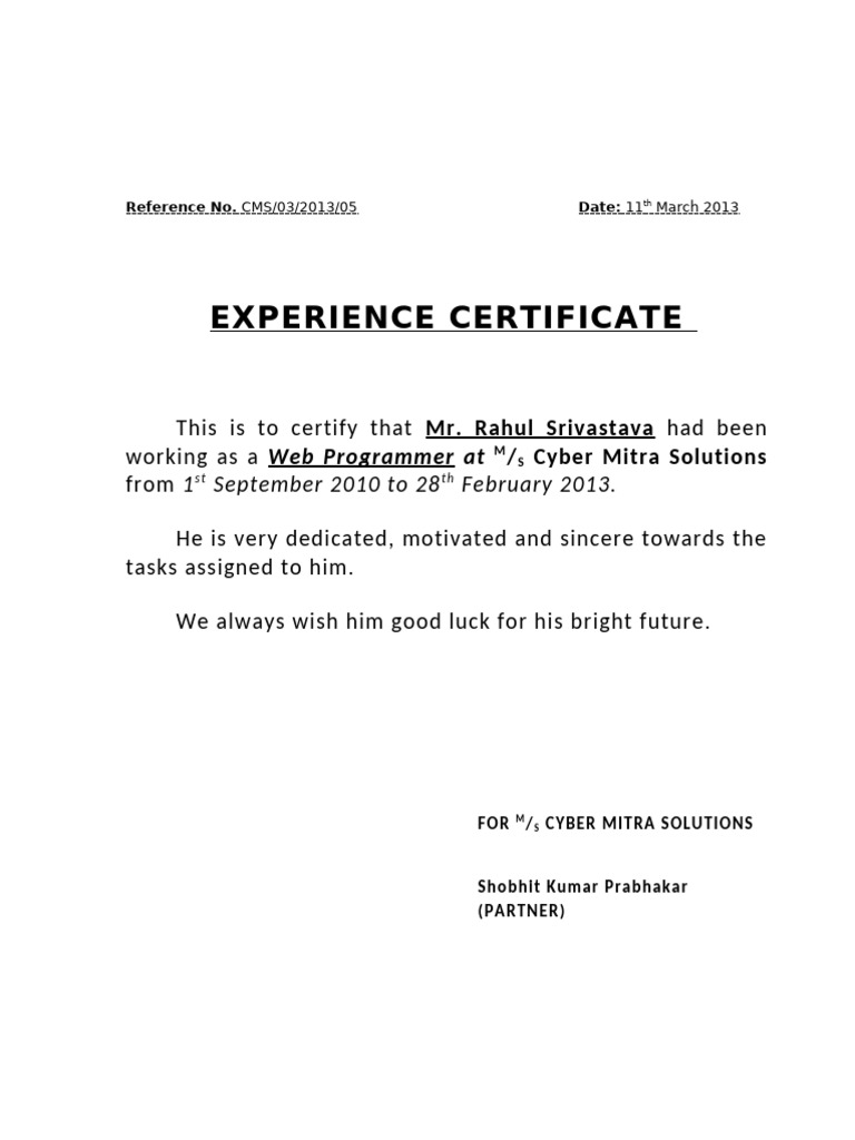 Experience Certificate - Rahul | PDF