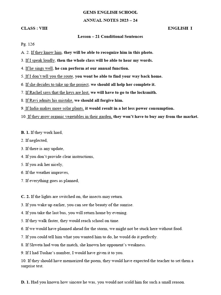 Conditional Sentences for Class VIII | PDF
