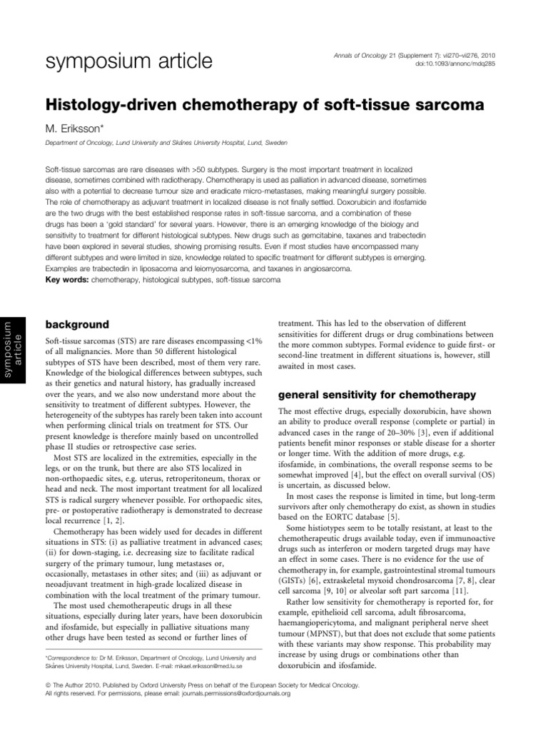 Histology-Driven Chemotherapy of Soft-Tissue Sarcoma | PDF | Sarcoma ...