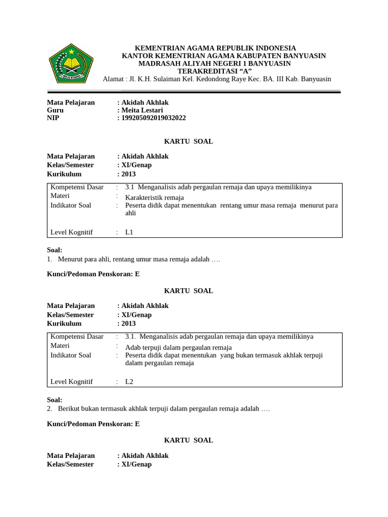 KARTU SOAL UH 1 AKIDAH KLS XI | PDF