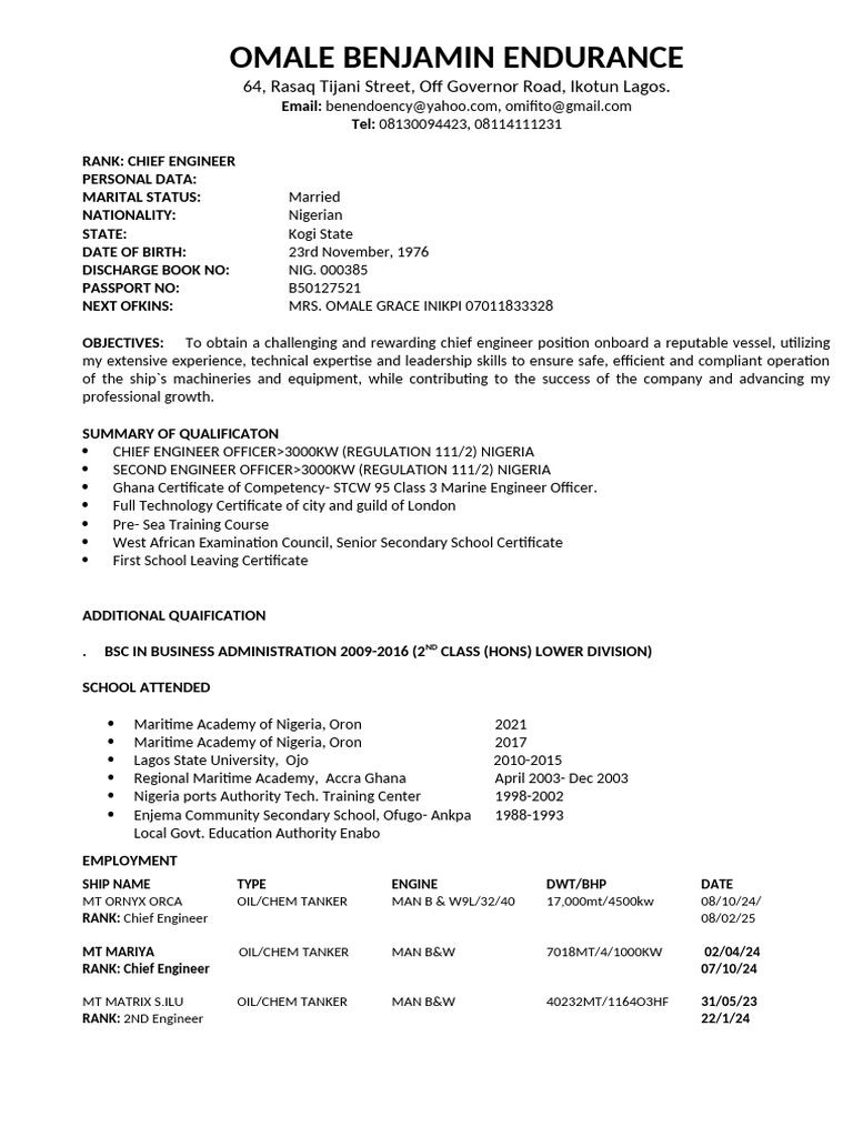Chief Engineer Maritime Resume | PDF | Water Transport | Shipping