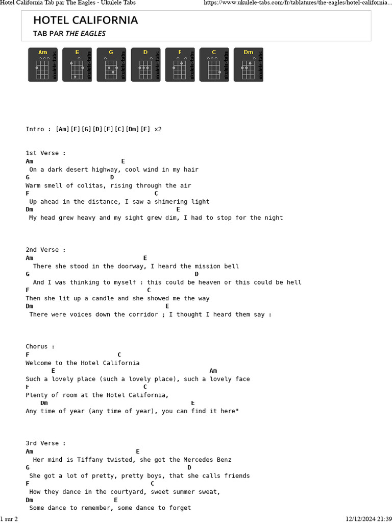 Hotel California Ukulele Tabs Guide | PDF