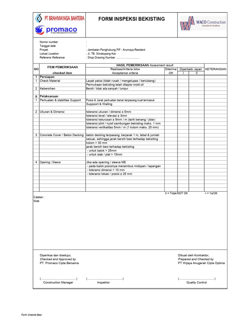 Form Checklist Bekisting | PDF