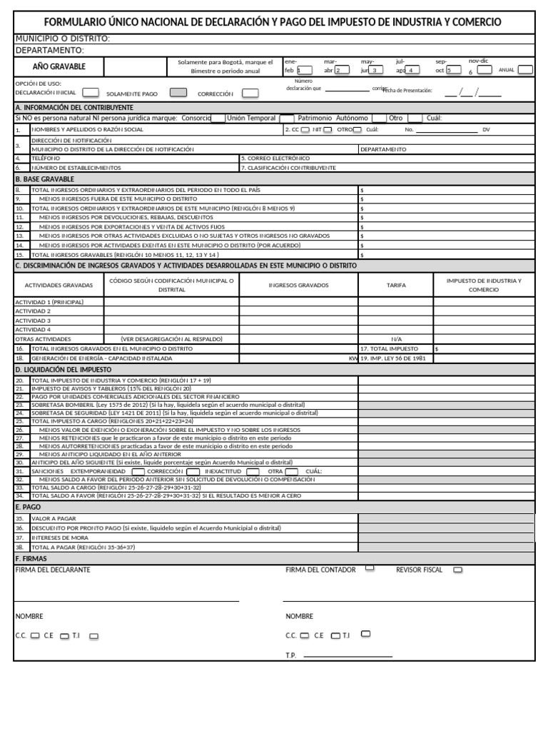 Formulario Único Nacional de Declaración Y Pago Del Impuesto de Industria Y Comercio | PDF