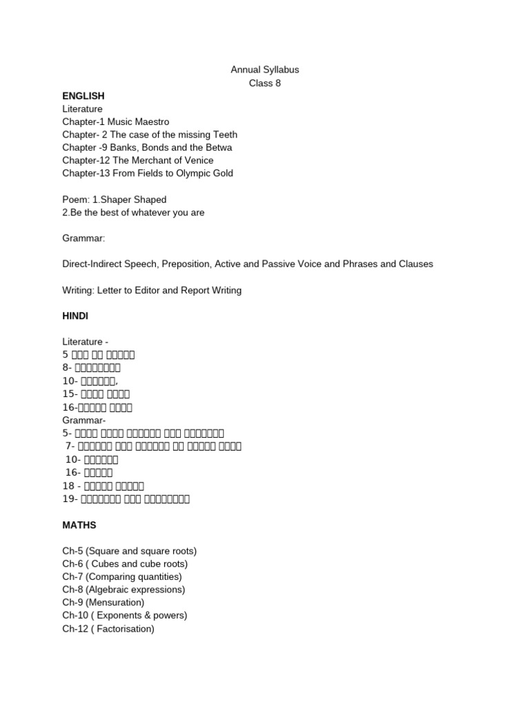 Class 8 Annual Syllabus Overview | PDF