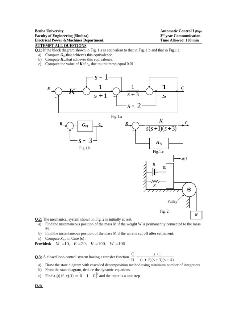 Control Systems Exam Questions | PDF | Control Theory | Mechanics