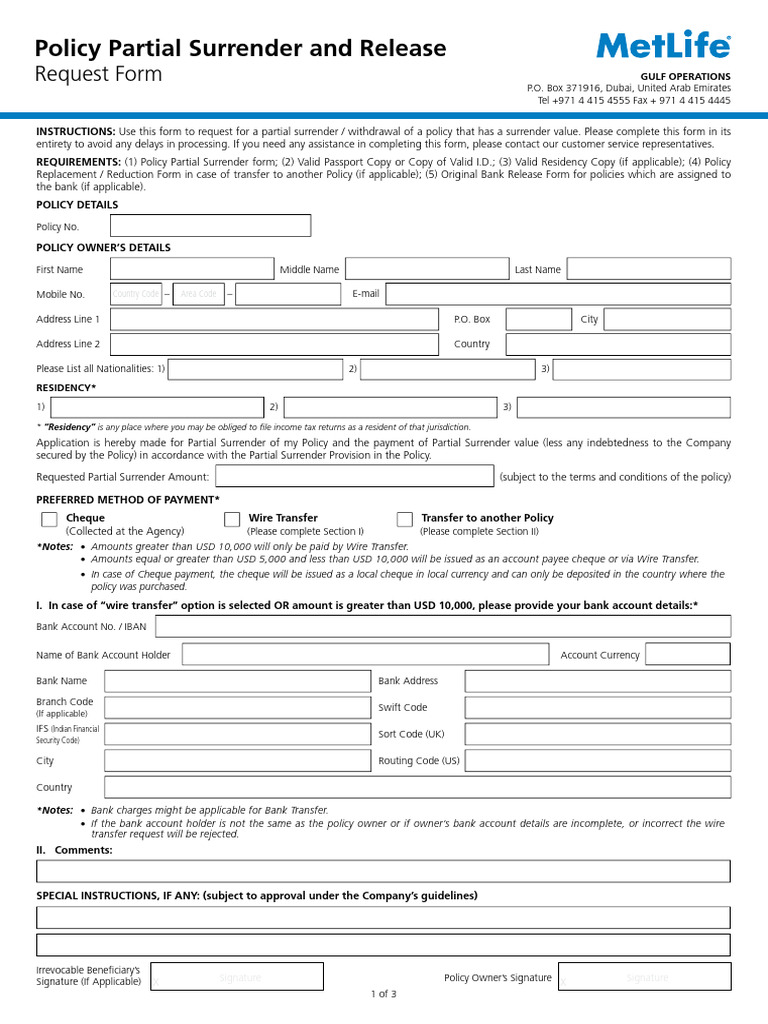Partial Surrender Request Form | PDF | Income Tax In The United States ...