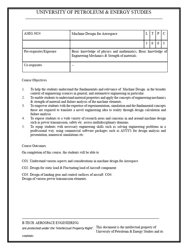 Course Outline - Design of Aerospace Systems - 3 | PDF | Engineering | Gear
