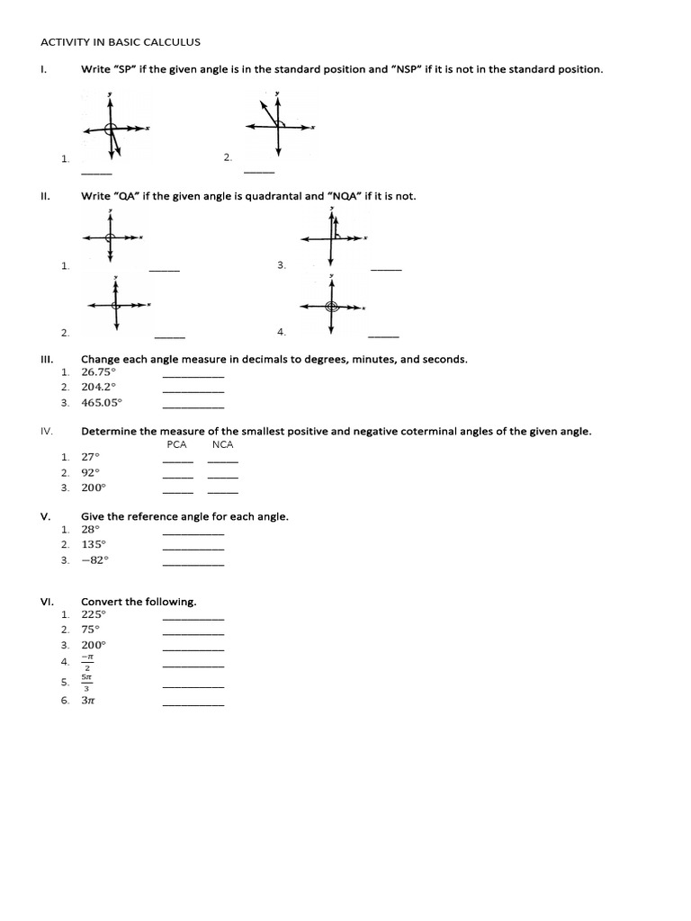 Basic Calculus Angle Activities Guide | PDF