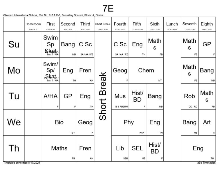 Class Routine 7E | PDF