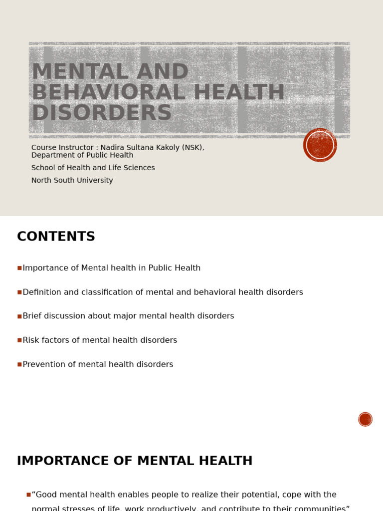 Lecture 14 (Mental and Behavioral Health Disorders) | PDF | Mental ...