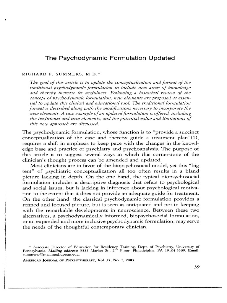 Psychodynamic Formulation Updated | PDF