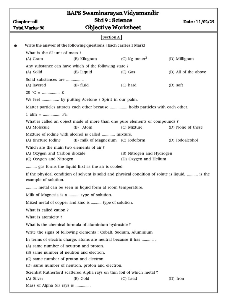 ObjectiveWorksheet D11 Feb 2025 | PDF | Force | Atoms