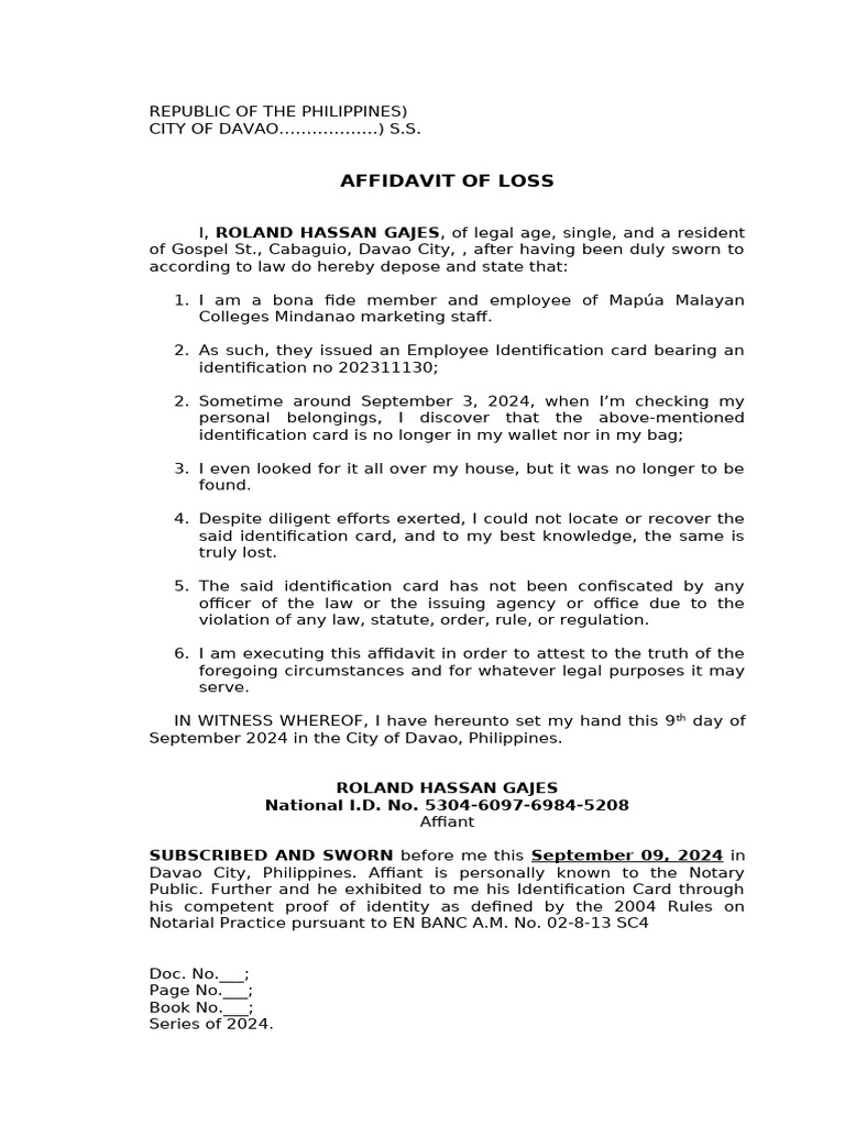 Affidavit of Loss Id Mapua | PDF