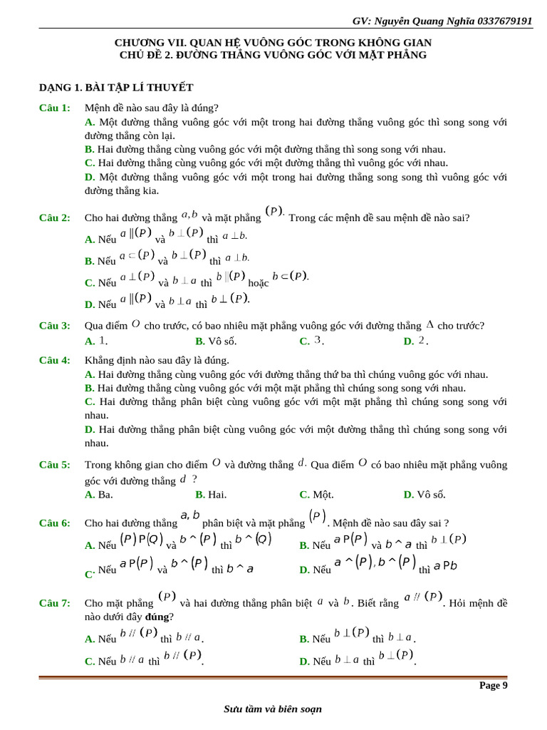 TOAN-11_C7_B23.1_DUONG-THANG-VUONG-GOC-VOI-MAT-PHANG_TULUAN_DE | PDF