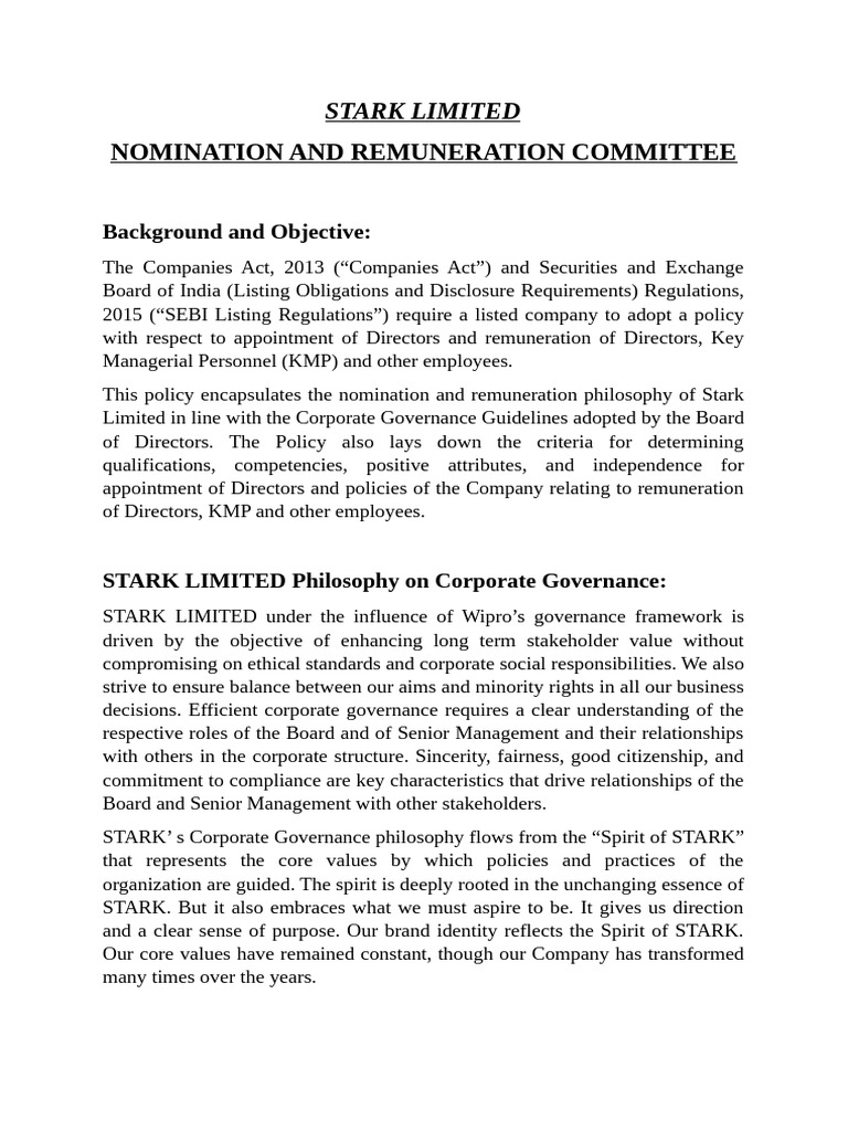 Nomination and Remuneration Vertical Project | PDF | Governance ...
