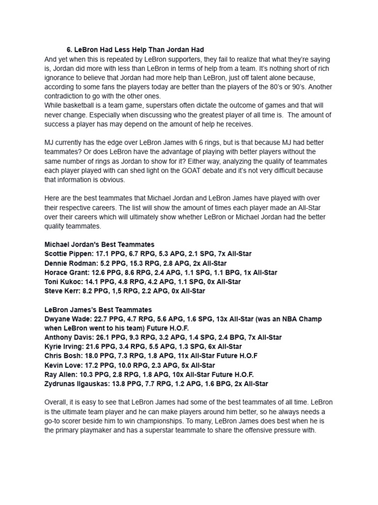 LeBron Has Had Less Help Than Jordan Had | PDF | Le Bron James | Sports