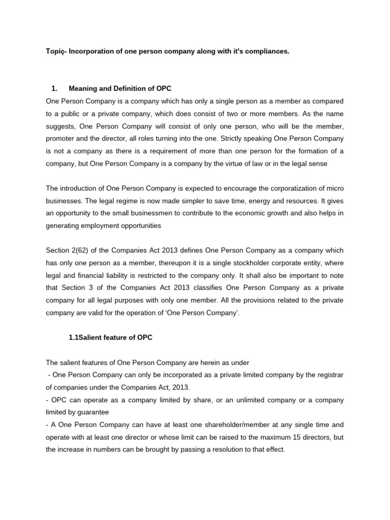 One Person Company: Incorporation Guide | PDF | Dividend | Articles Of ...