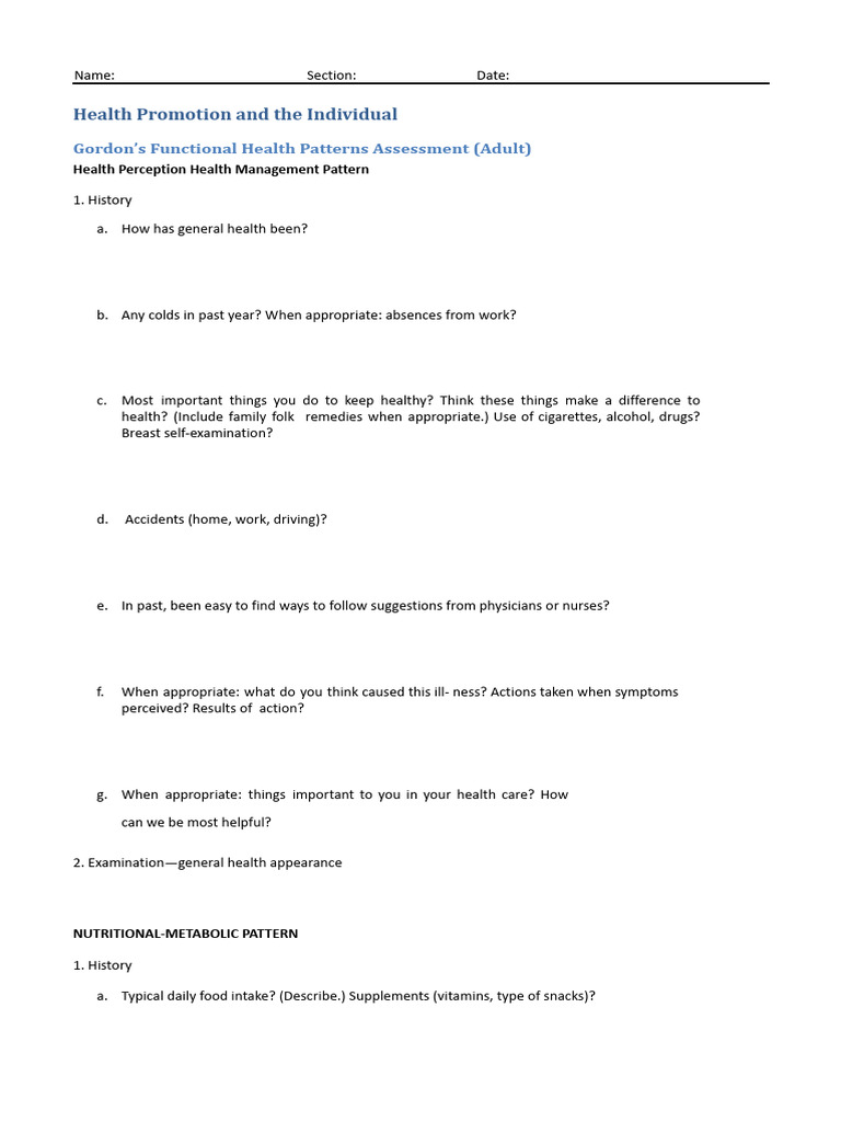 6 Gordons Functional Health Patterns Sample Questions | PDF ...