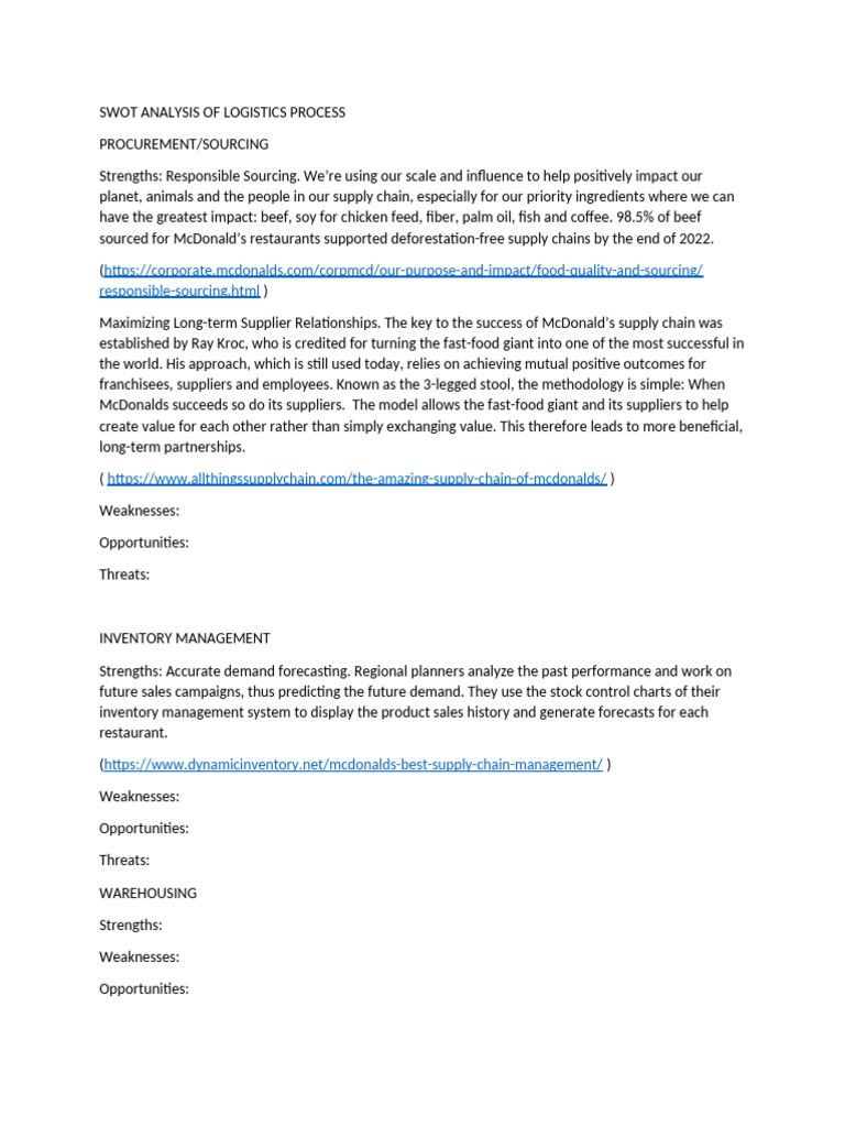 Swot Analysis of Logistics Process | PDF