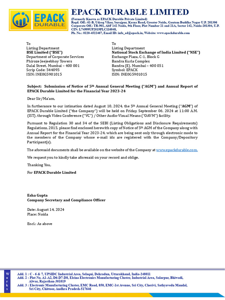 EPACK Intimation-of-AGM-and-Annual-Report 24 | PDF | Stocks | Employee ...