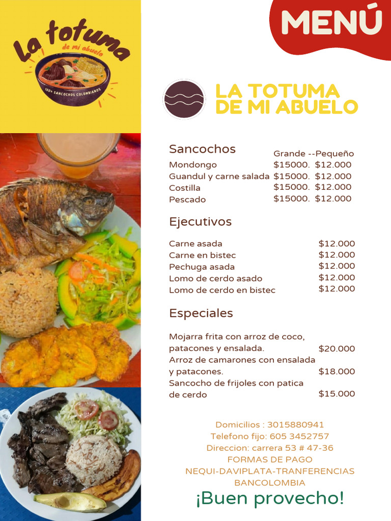 Menú Restaurante LA TOTUMA DE MI ABUELO | PDF