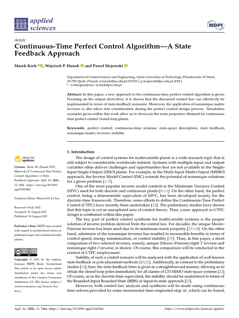 applsci-11-07466-v2 | PDF | Control Theory | Matrix (Mathematics)
