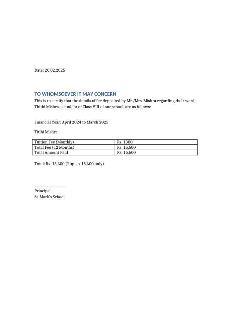 Fee Payment Certification for Mishra Family | PDF