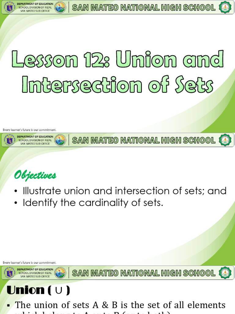 Lesson 12 - Union and Intersection of Sets | PDF | Set (Mathematics) | Numbers