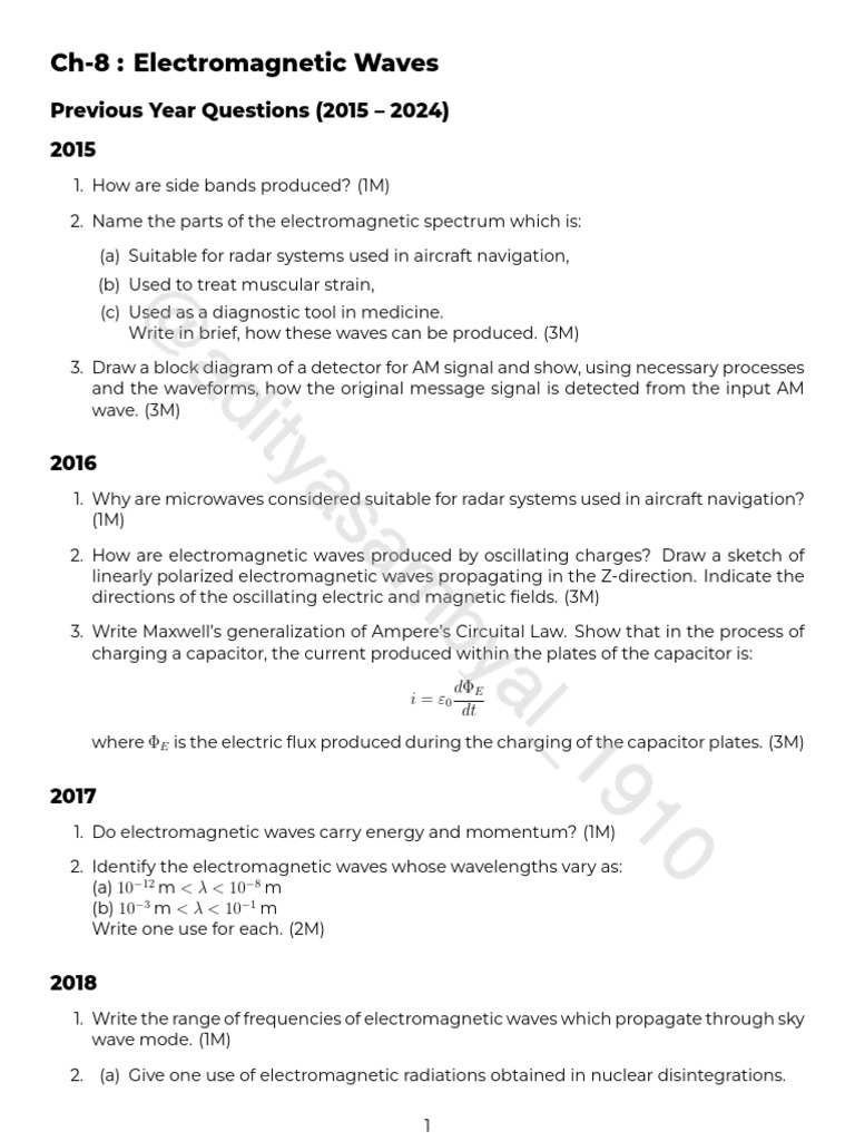 Class 12 EM Waves PYQs | PDF | Electromagnetic Radiation | Waves