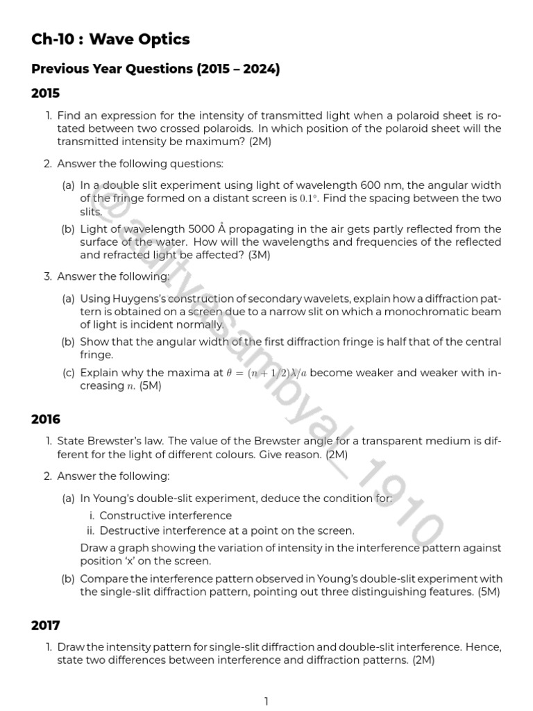 Class 12 Wave Optics PYQs | PDF | Diffraction | Wavelength