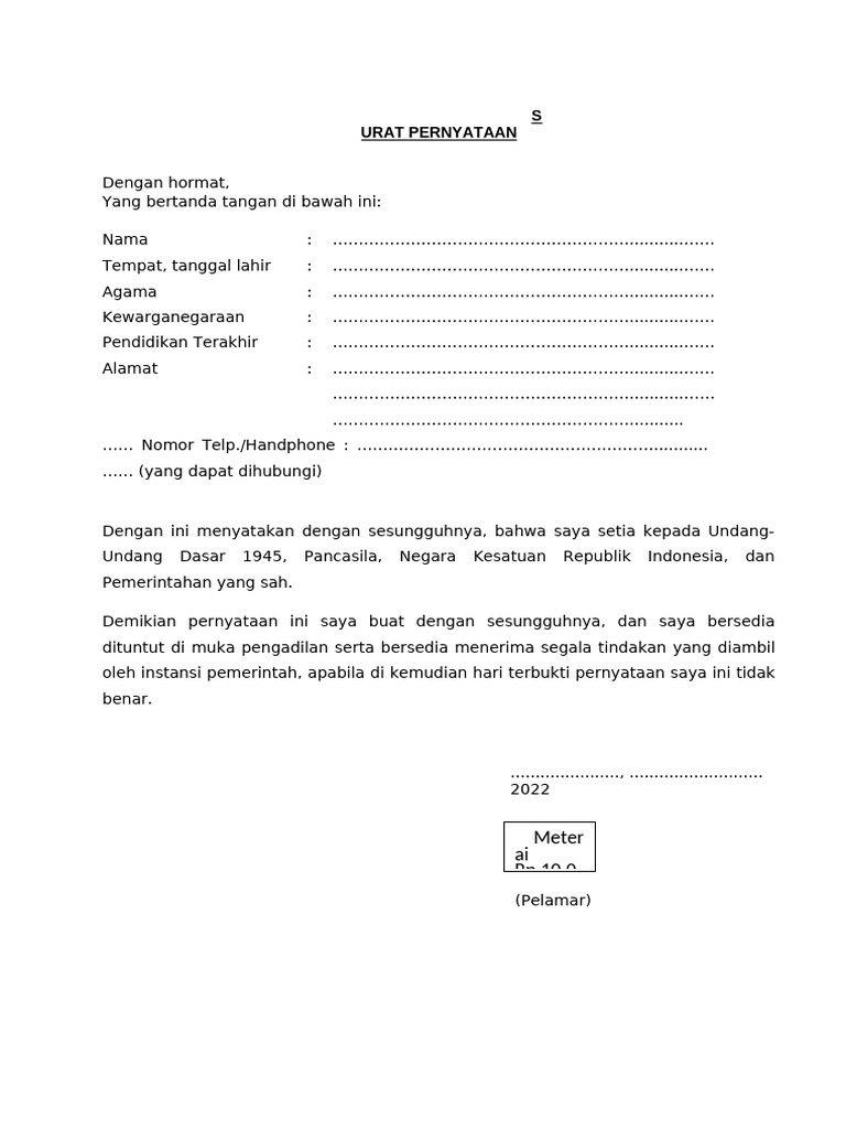 Contoh Surat Pernyataan Setia Kepada UUD 1945, Pancasila, NKRI, Dan ...