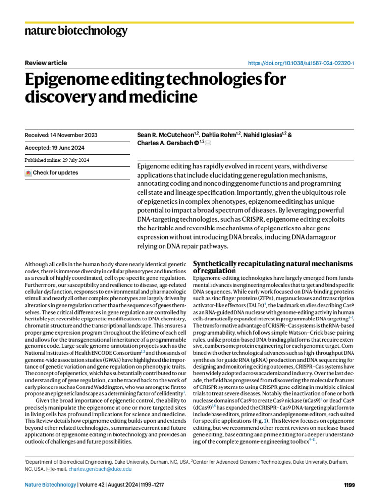 Nat Biotechnol 2024 Epigenome editing technologies for discovery and medicine | PDF ...
