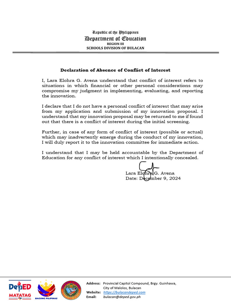 Declaration of Conflict of Interest | PDF