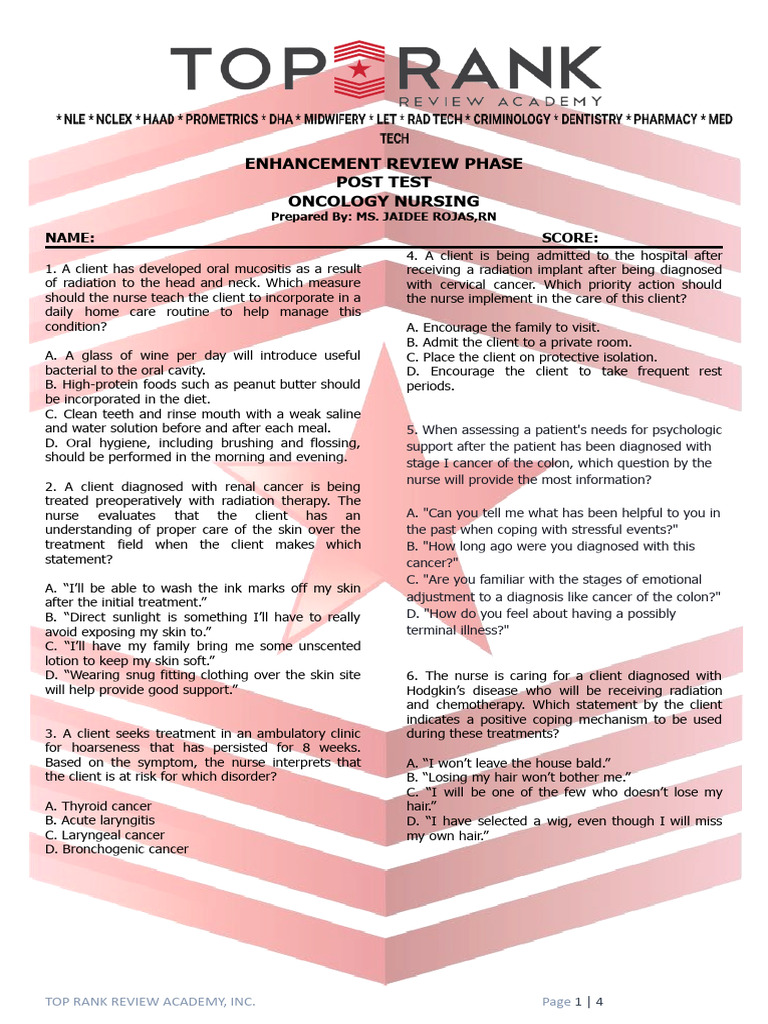Oncology Nursing Exam Prep | PDF | Cancer | Breast Cancer