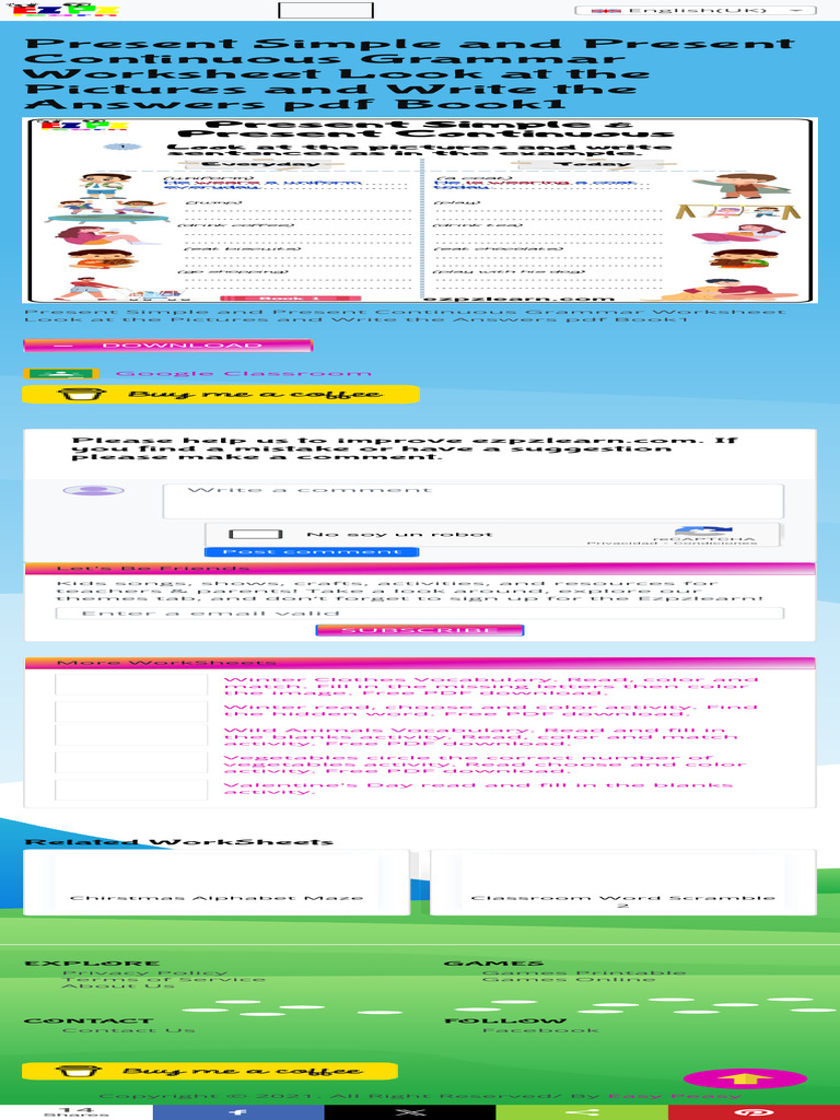 Present Simple and Present Continuous Grammar Worksheet Look at the Pictures and Write the ...