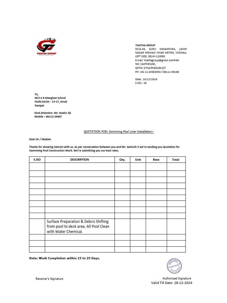 Mr. Nashir Ali - K R Manglam School - Swimming Pool Liner Quotation | PDF
