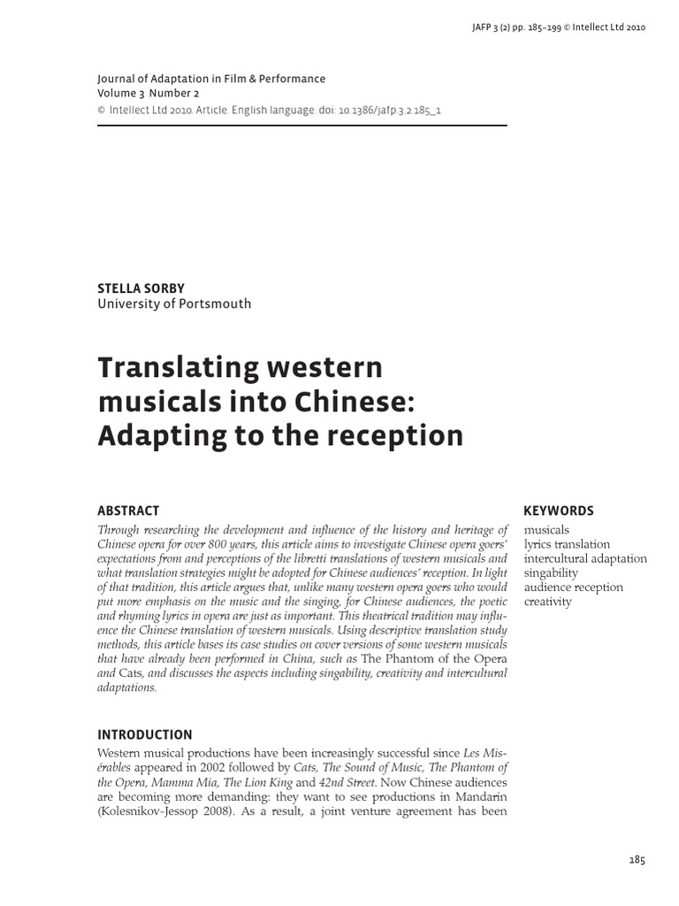 Translating Western Musicals Into Chinese: Adapting To The Reception ...