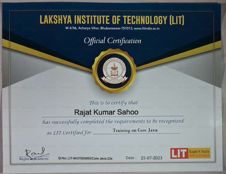 Rajat Sahoo Java Certificate | PDF