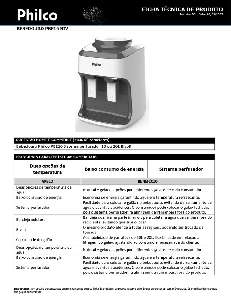 ficha técnica bebedouro modelo PBE16 Biv | PDF | Temperatura