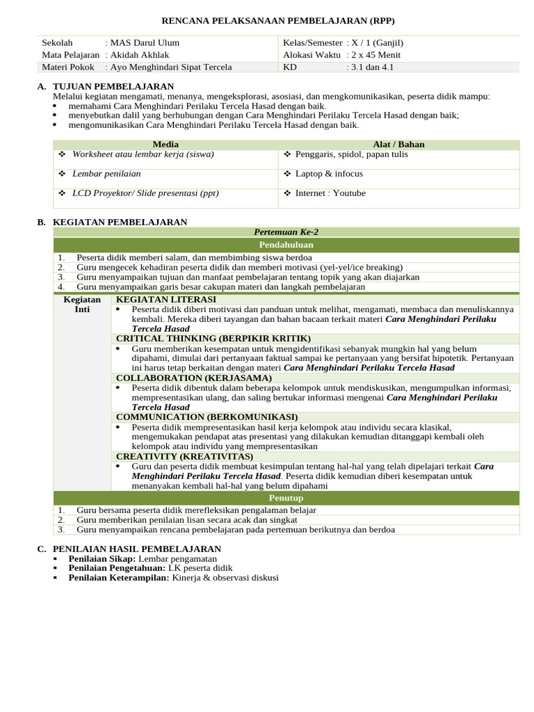 1.2 RPP I Akidah Akhlak Kelas 10 | PDF