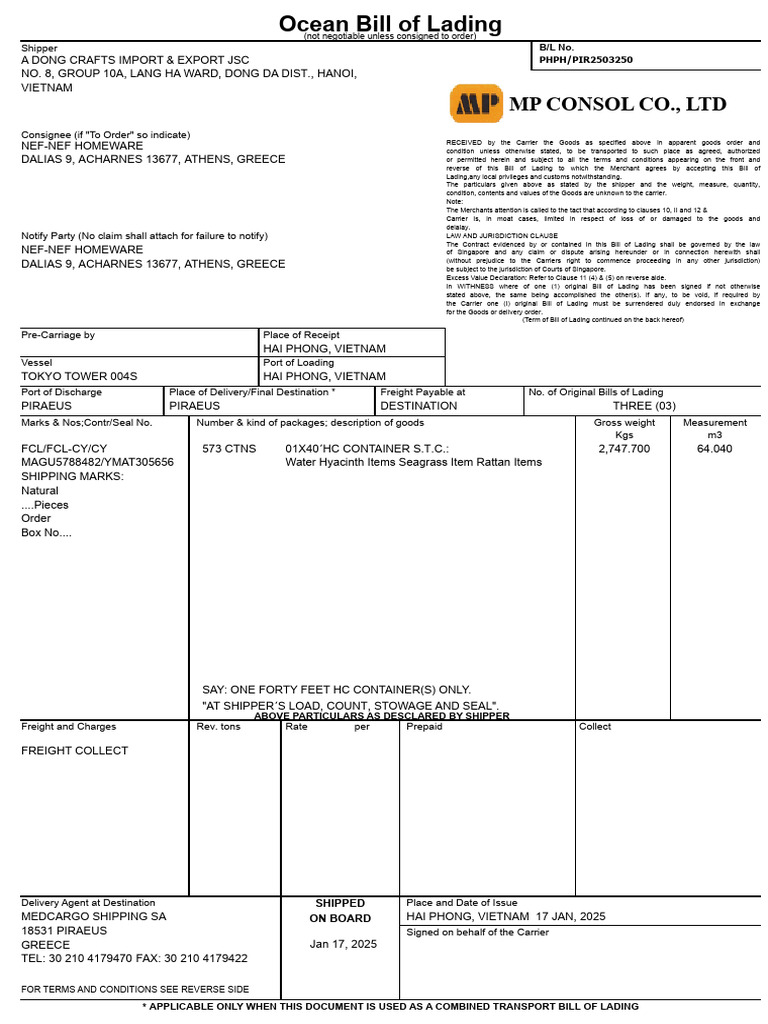 AD-NEF-2025-001 Draft BL Ver 1.0 | PDF | Bill Of Lading | Cargo