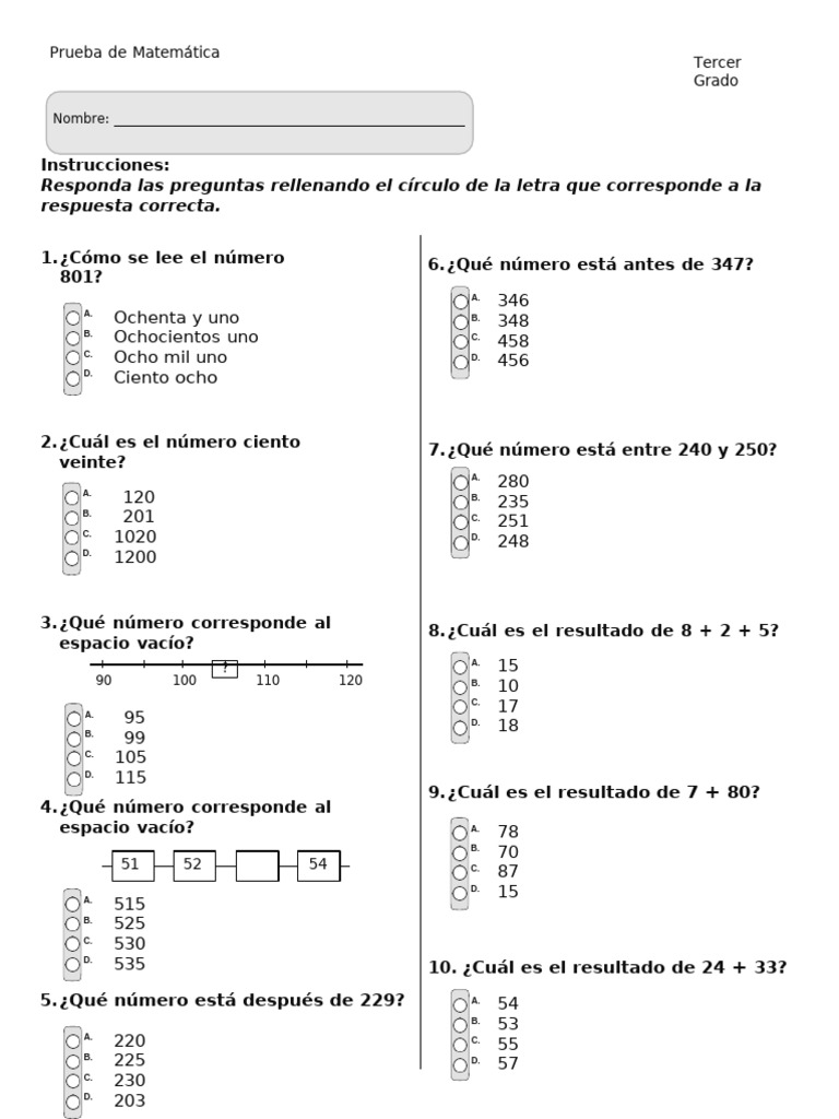 Prueba de Matemáticas para Tercer Grado | PDF