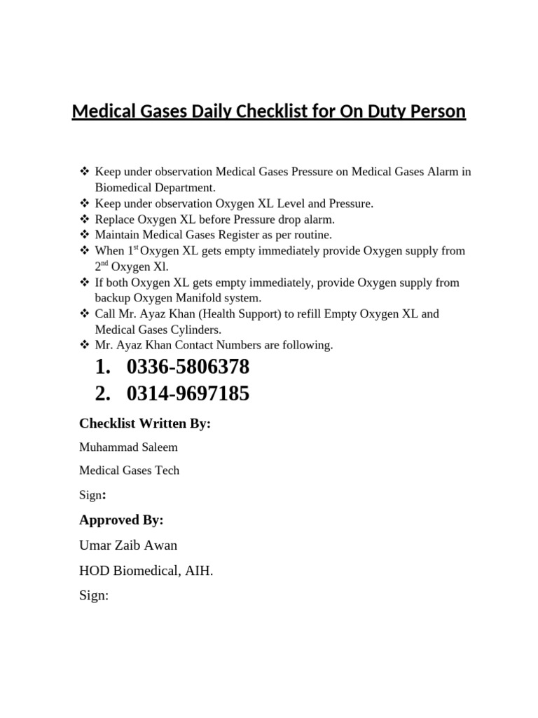 Medical Gases Daily Checklist For On Duty Person | PDF