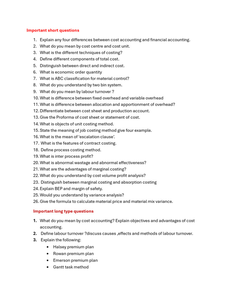 Key Cost Accounting Questions and Answers | PDF | Cost Accounting ...